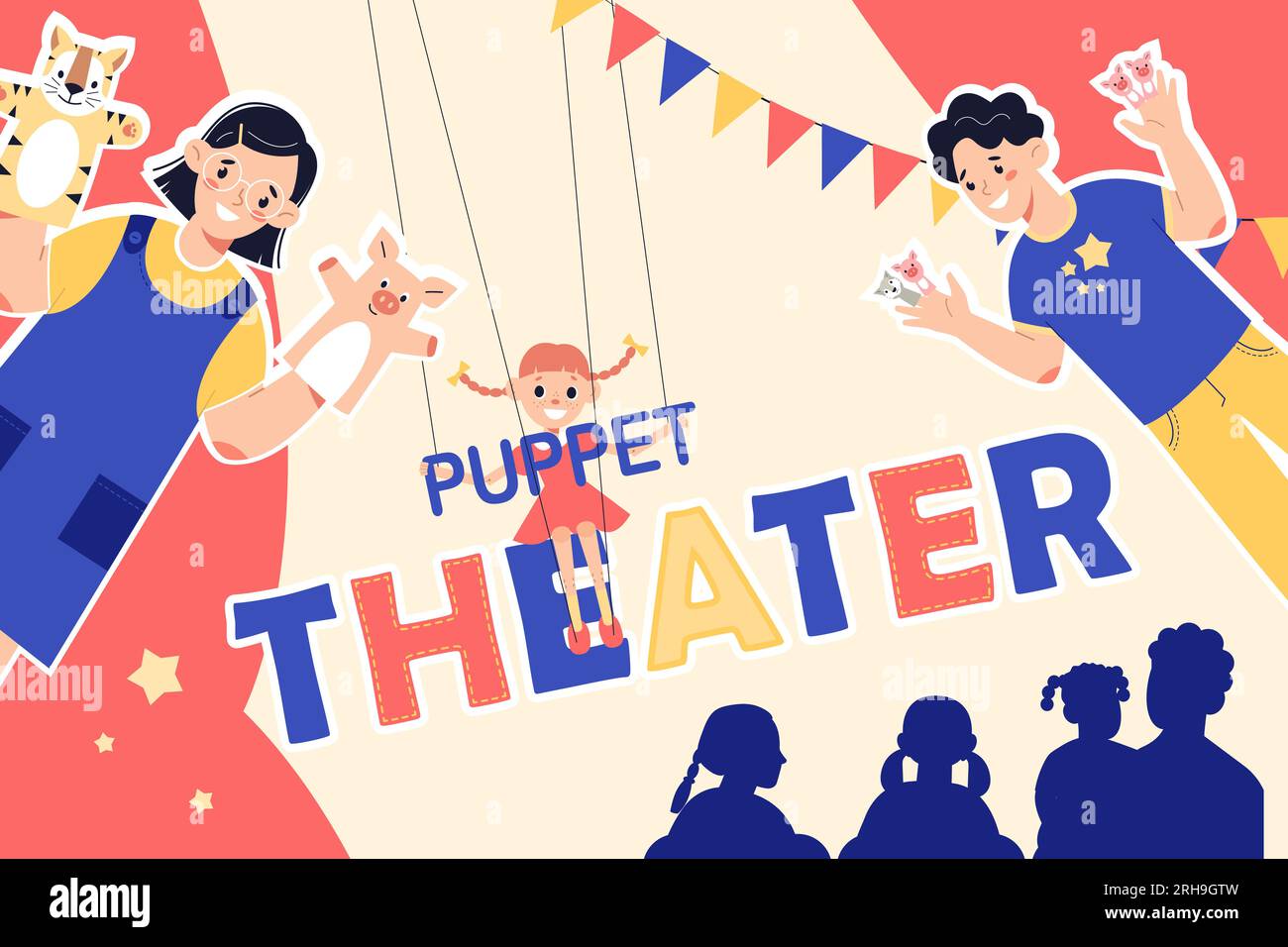 Puppet show theatre composition with collage of flat text doodle human ...