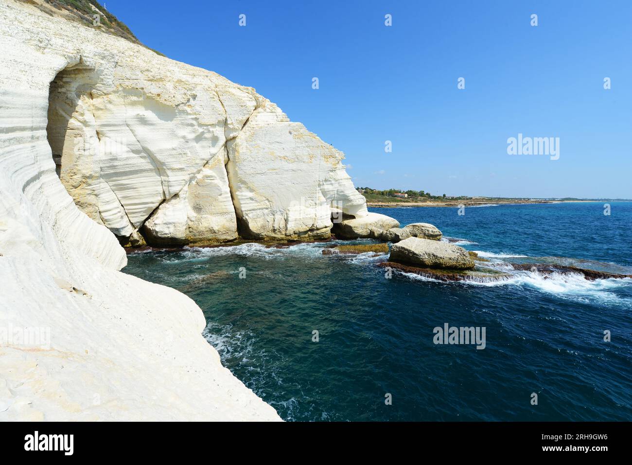 The dramatic coastal scenery at the Rosh Hanikra grottoes in northern ...