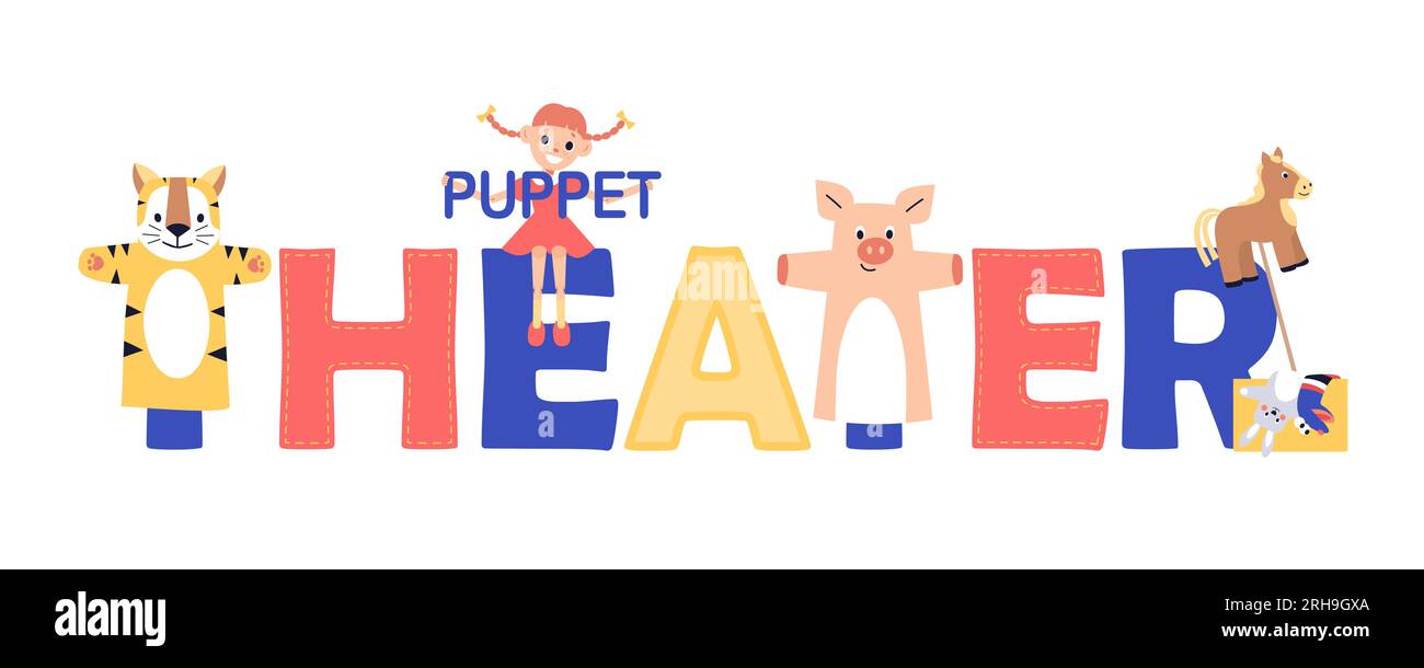 Puppet show theatre composition of flat text with animal puppets on ...