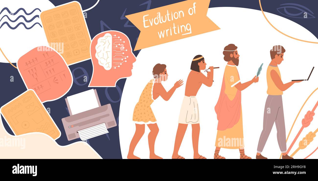 Writing evolution from primitive to modern flat collage with human ...