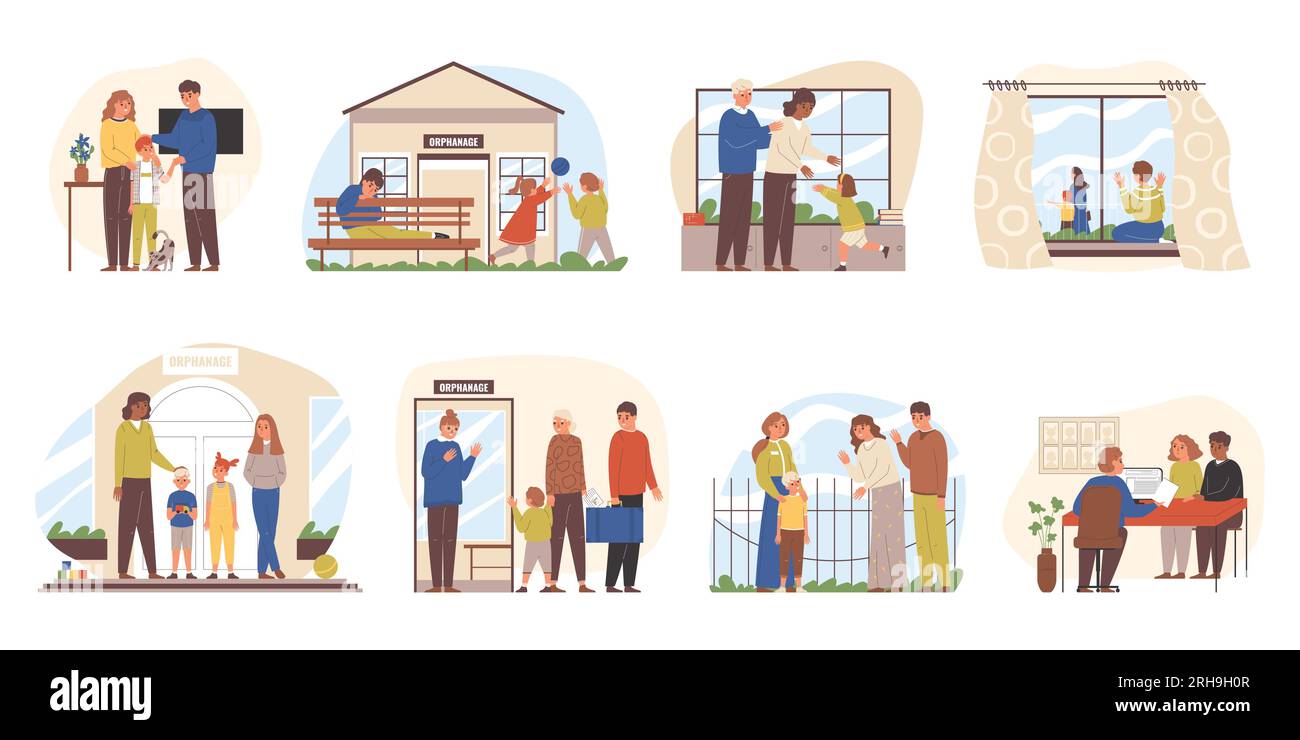 Flat set of child adoption scenes with adoptive families and kids in ...