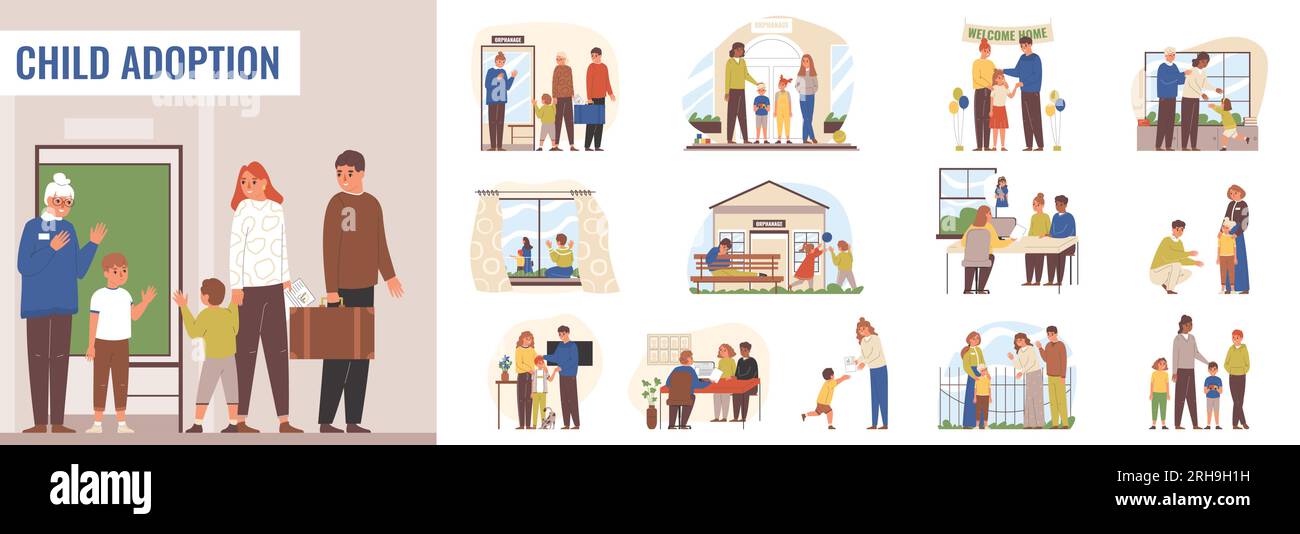 Child adoption flat composition set with lonely children in orphanage ...