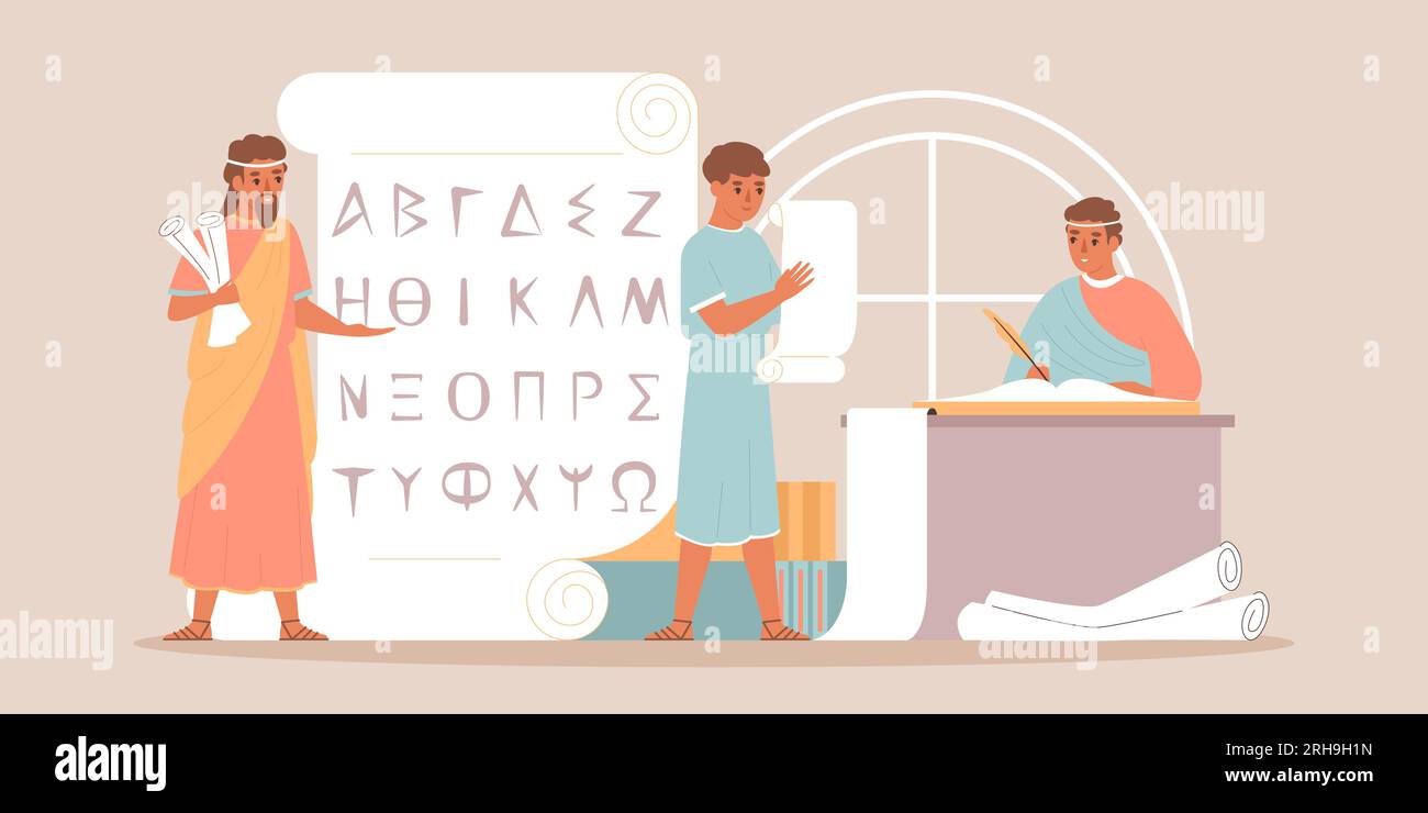 Alphabetic writing flat composition with ancient male writers and paper ...