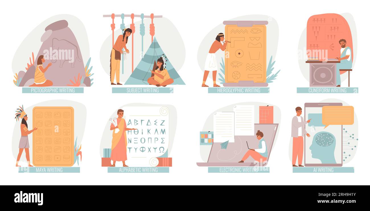 Evolution of writing flat set with ancient types and modern ...