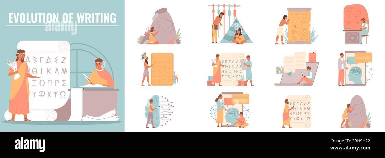 Evolution of writing flat composition set with ancient and modern ...