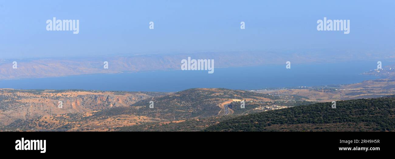 A view of the Sea of Galilee from the Upper Galilee mountains in Israel ...