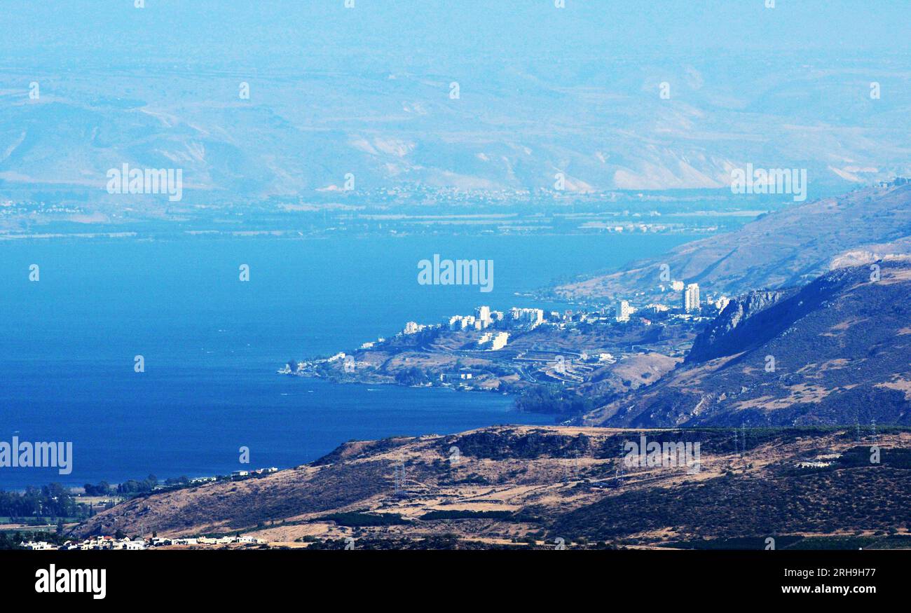 A view of the Sea of Galilee from the Upper Galilee mountains in Israel ...