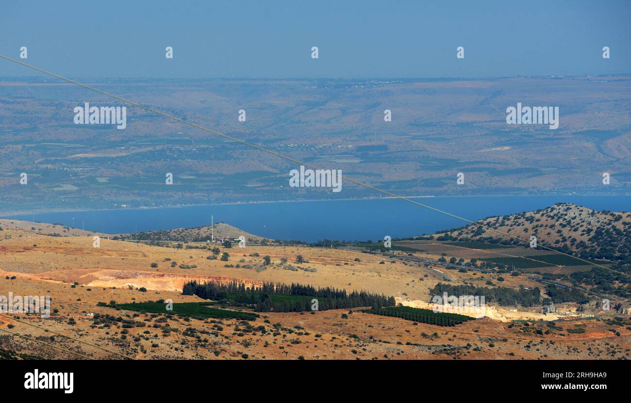 A view of the Sea of Galilee from the Upper Galilee mountains in Israel ...