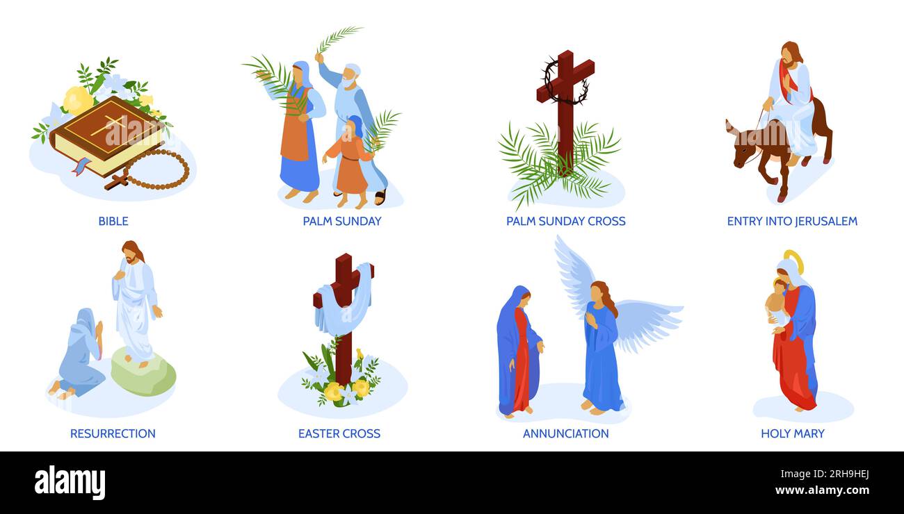 Jesus christ life virgin mary palm sunday holy bible isometric ...