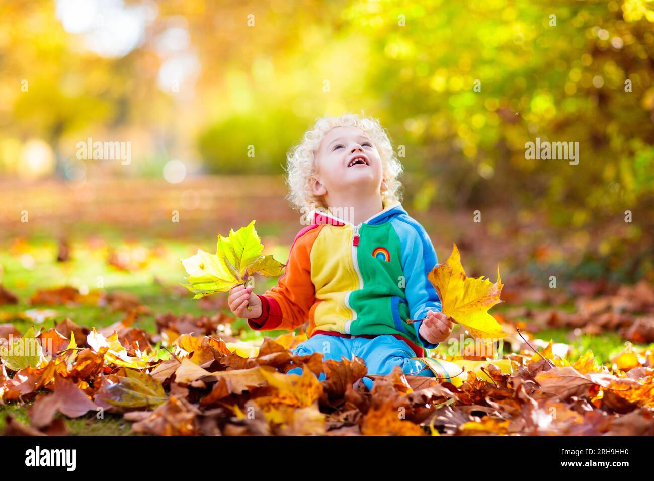 Kids play in autumn park. Children throwing yellow and red leaves ...