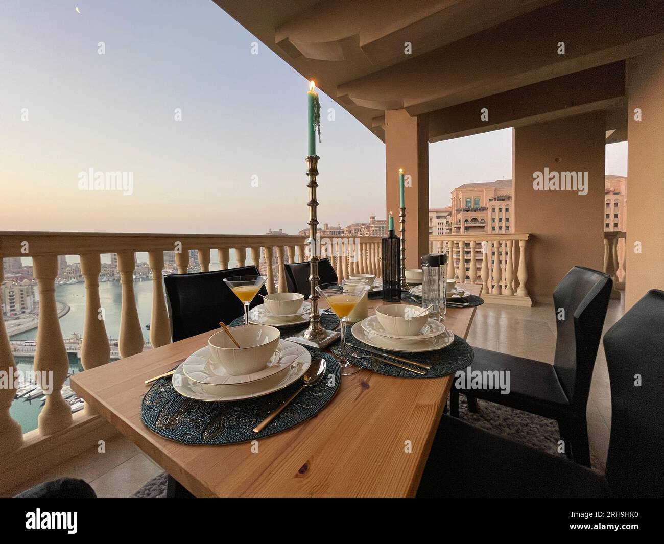 Dinner Table At Rooftop With Sunset View At Pearl Qatar View Of Peral Qatar Porto Arabia From