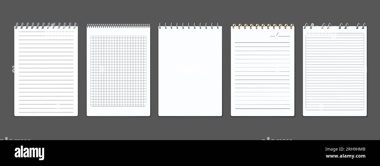 Metal spiral binders notebooks realistic set with isolated views of flipping notebooks ruled ...