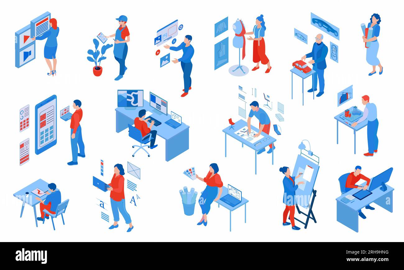 Isometric color set of people working as designers in various spheres isolated vector ...