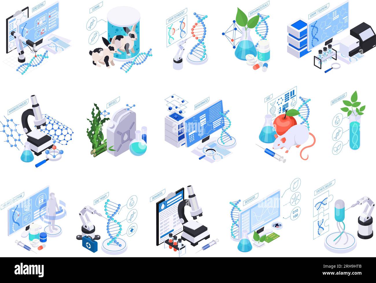 Set with isolated biotechnology compositions of isometric icons with ...