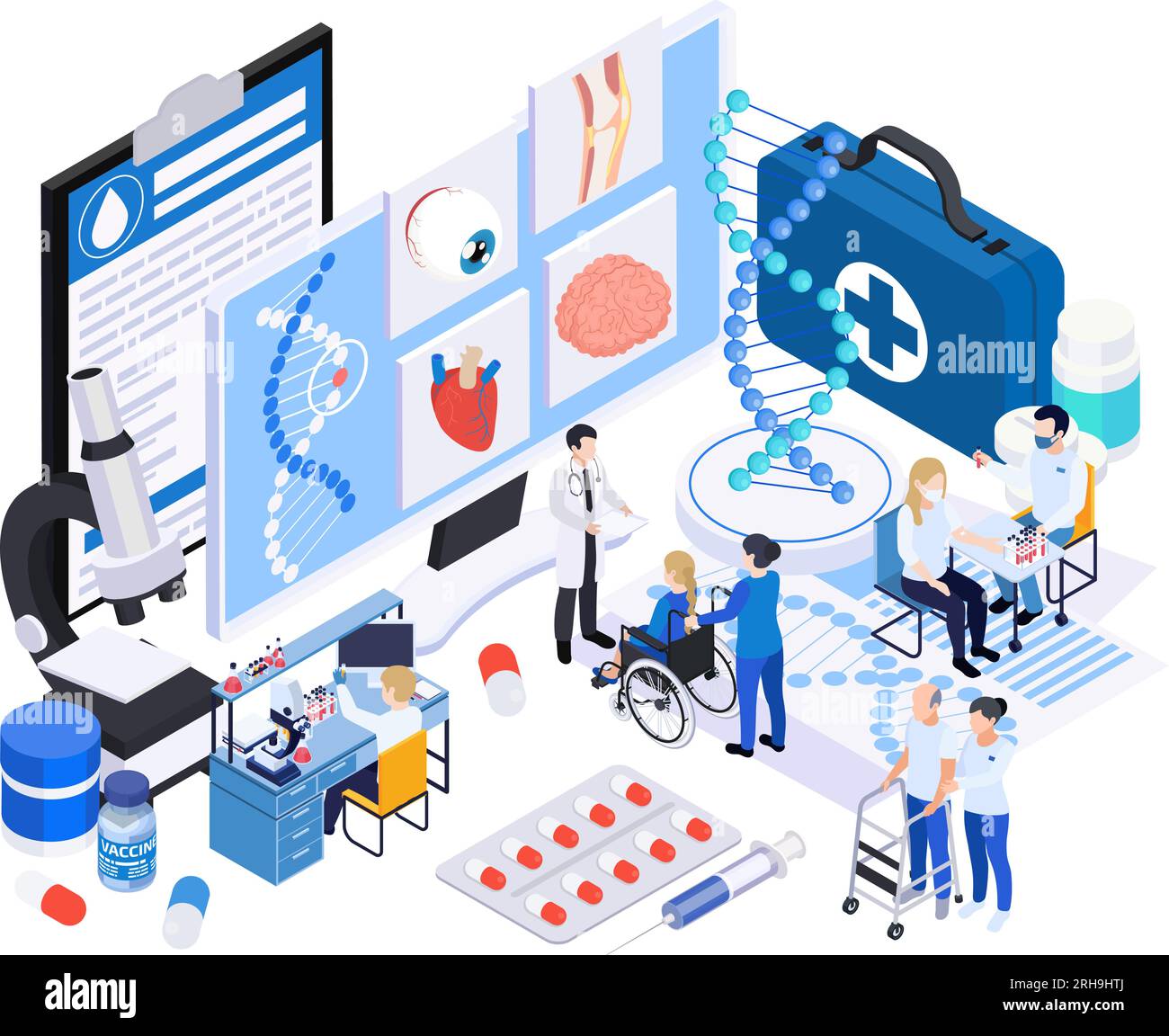 Biotechnology isometric composition with human characters of medical ...