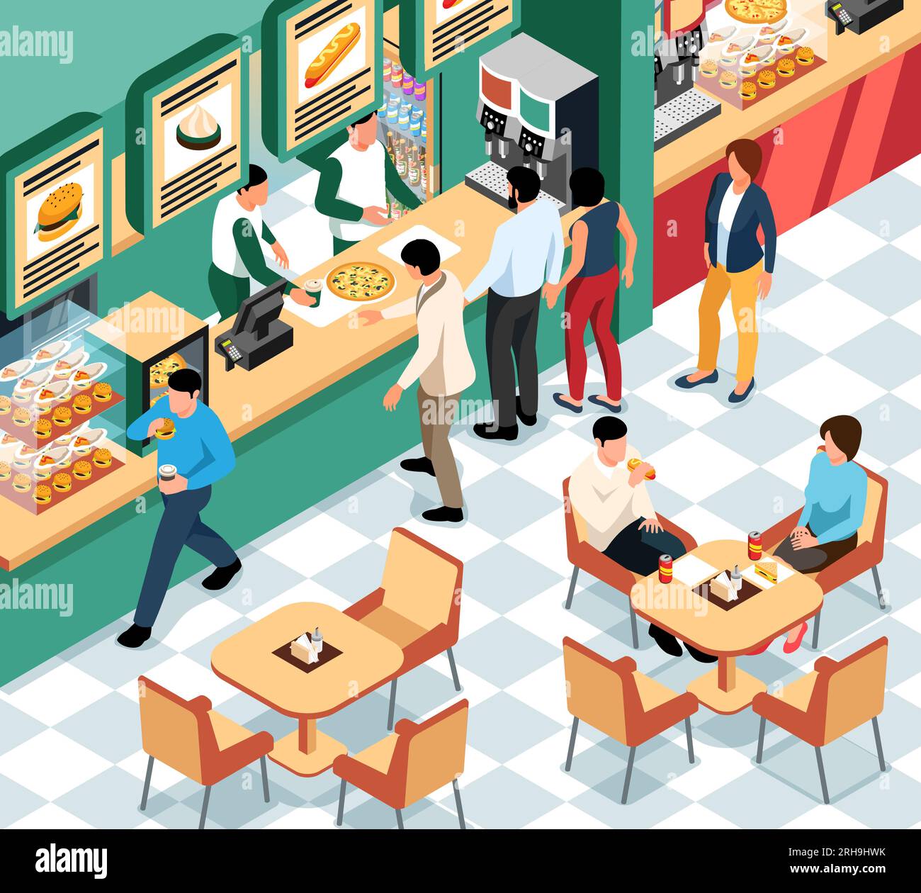 People sit at tables and make orders at cafe on food court isometric ...
