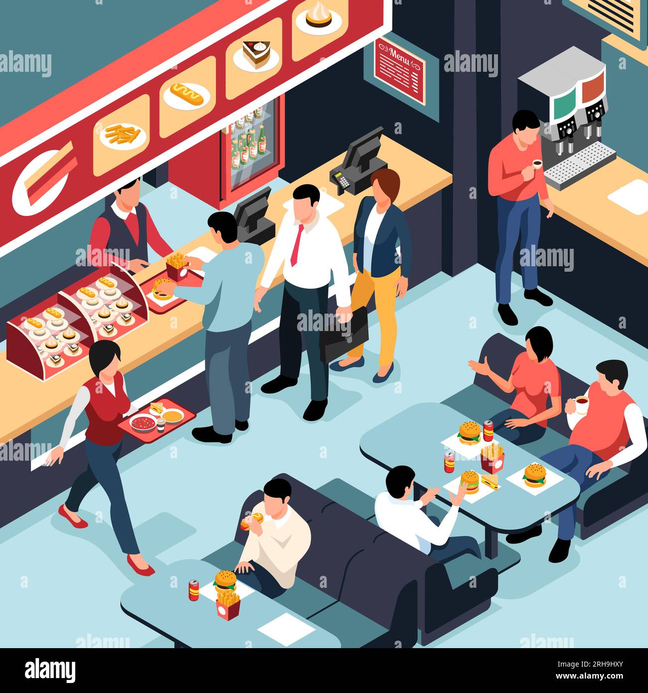 Isometric food court area interior with people walking with tray eating ...