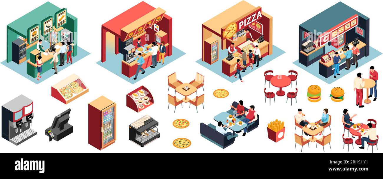 Food court isometric set of interior elements eating people and vendors ...