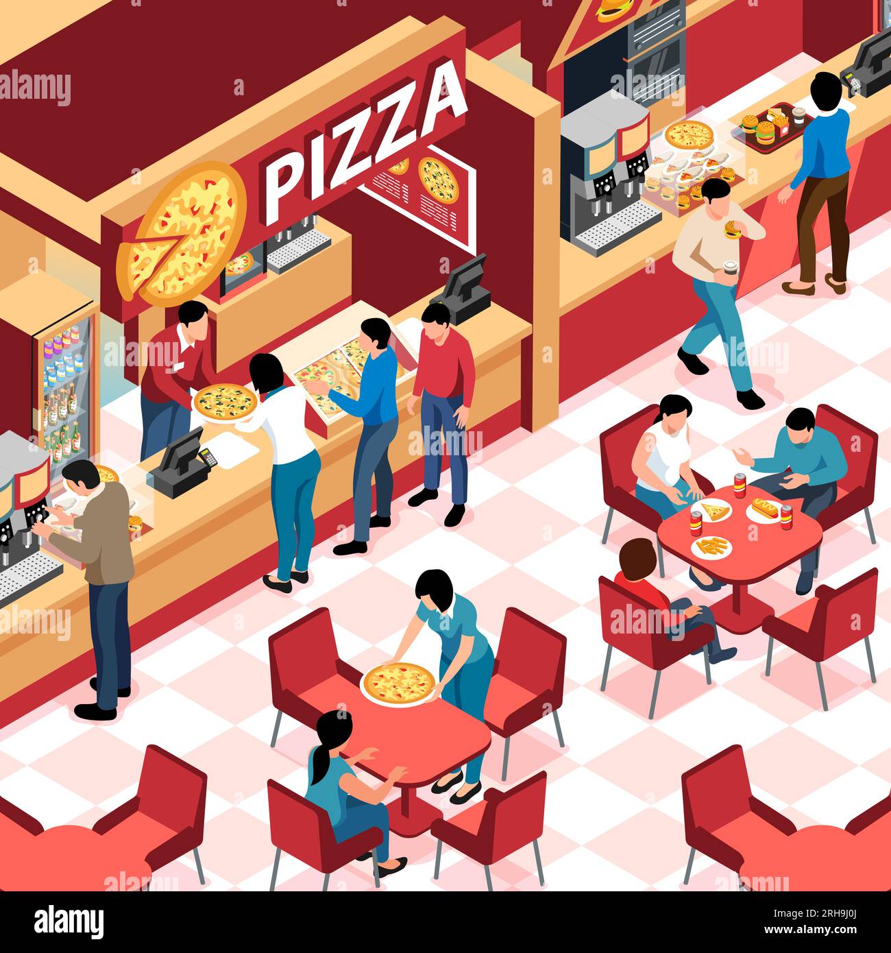 Food court visitors ordering pizza making coffee and eating burgers 3d ...