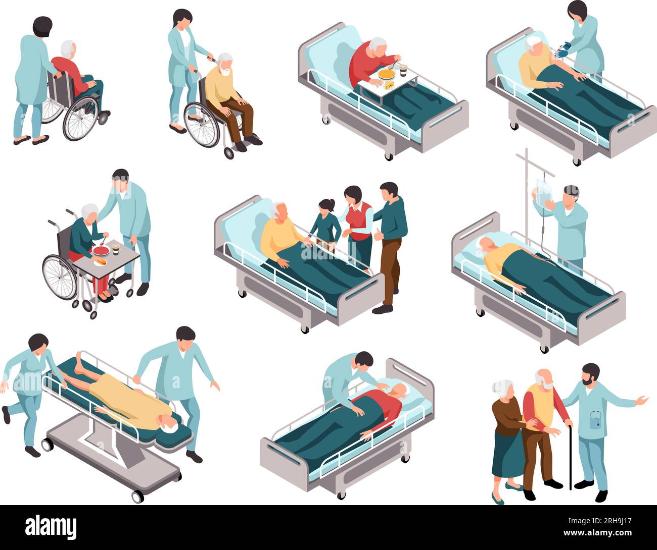 Elderly people getting treatment and care in hospital isometric set ...