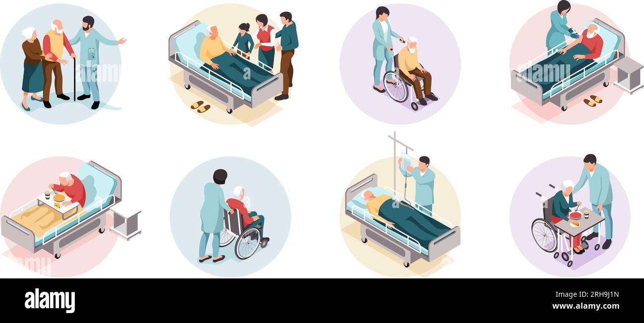 Elderly people in hospital isometric round compositions set isolated on ...