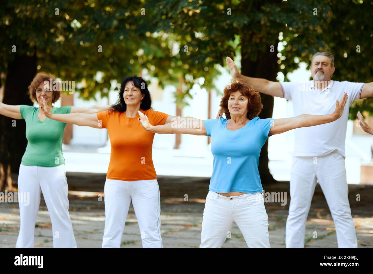 Warming up exercises. Group of elderly people, man and women training ...