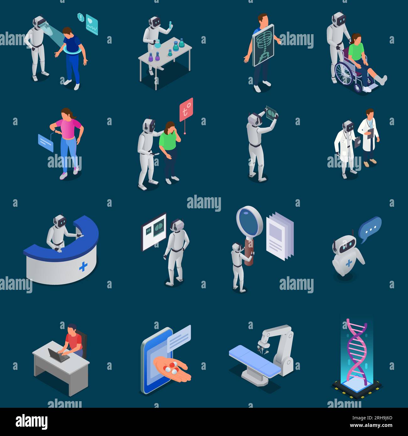Ai in medicine isometric icons set with medical equipment robots and ...
