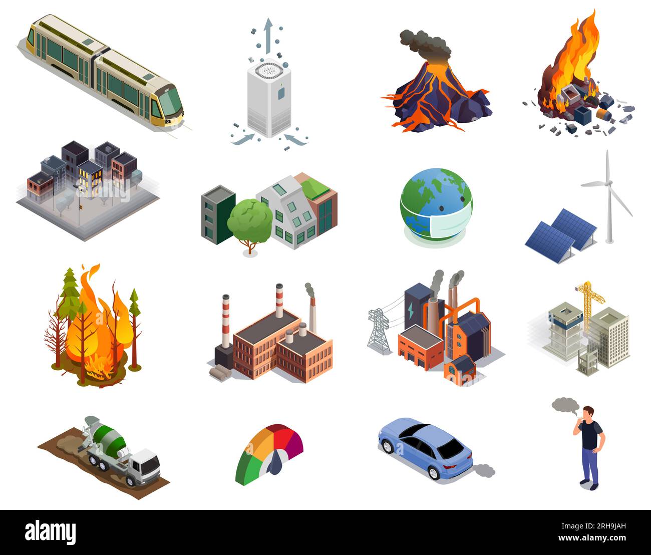Air pollution by factories exhaust fumes natural disasters isometric ...