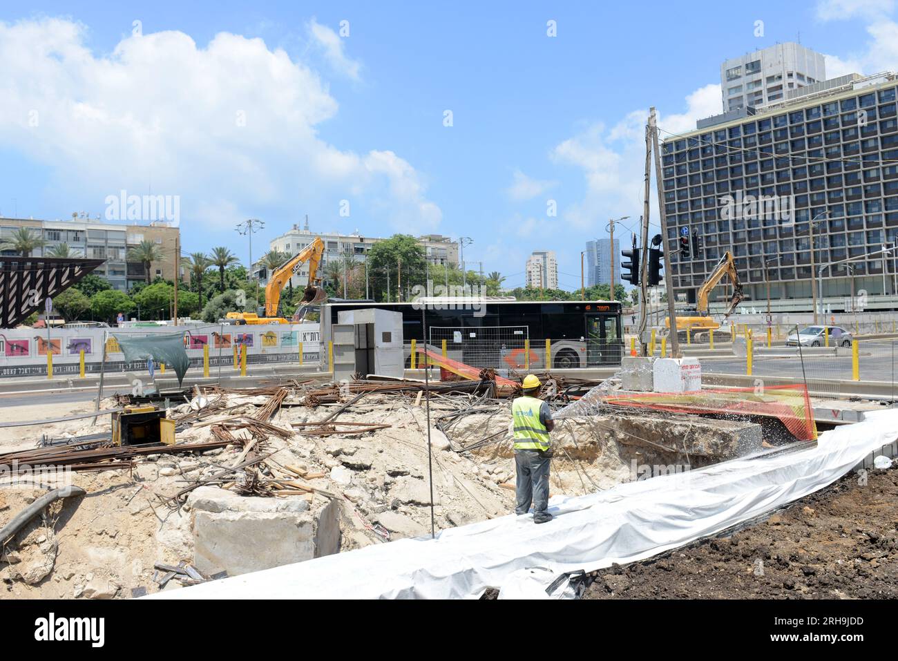 July 2023, Tel-Aviv Israel. Light rail construction in the city center ...
