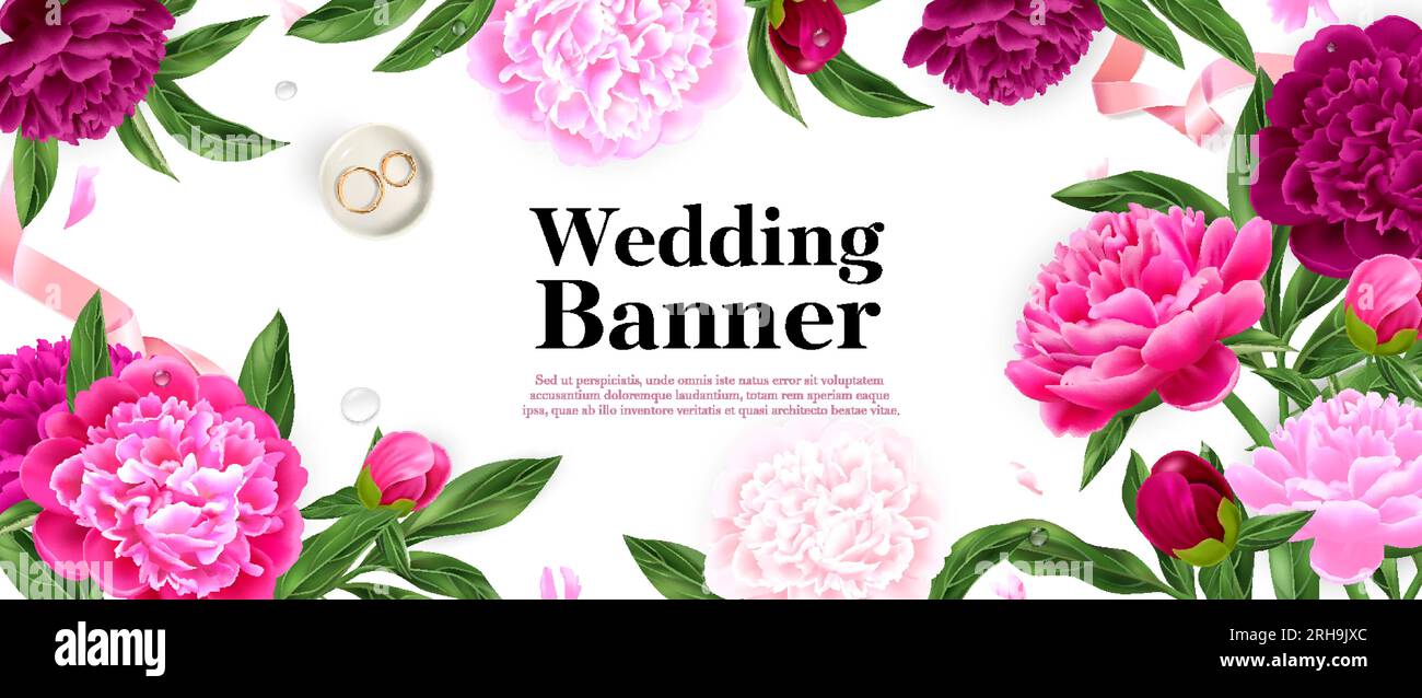 Realistic horizontal wedding banner with pink peony flowers and pair of ...