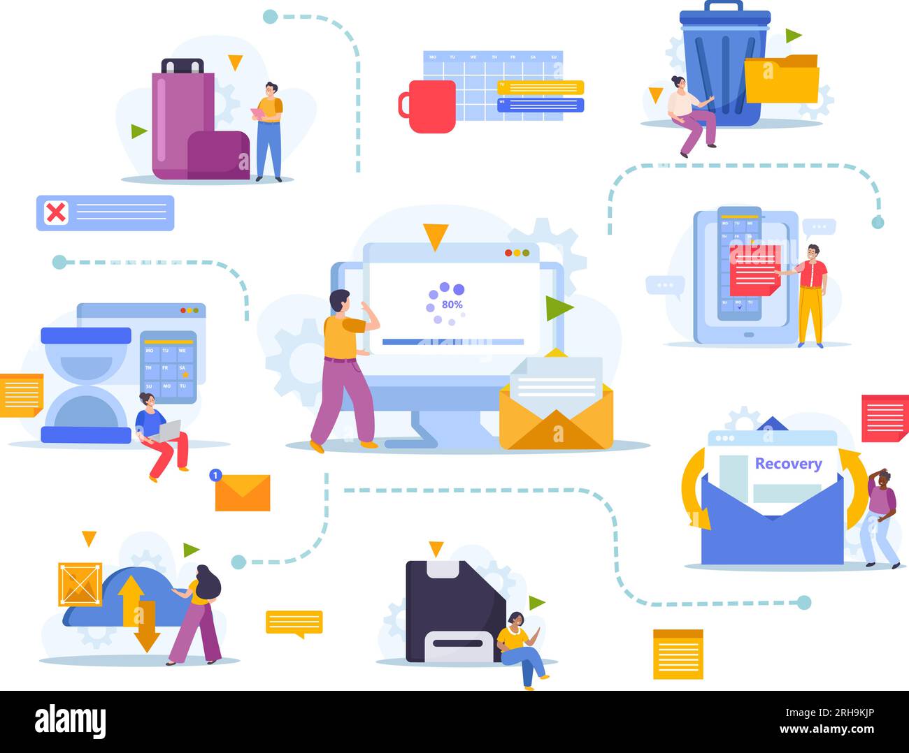 Data Recovery And Backup Flat Composition With People Restoring Files
