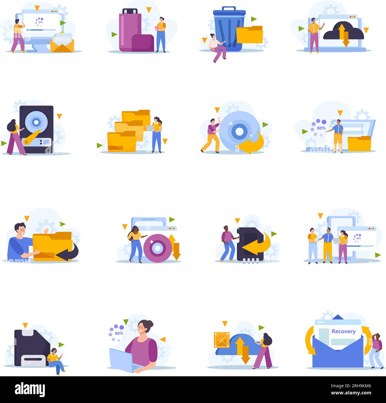 Tiny people back up data and recover files flat icons set isolated ...