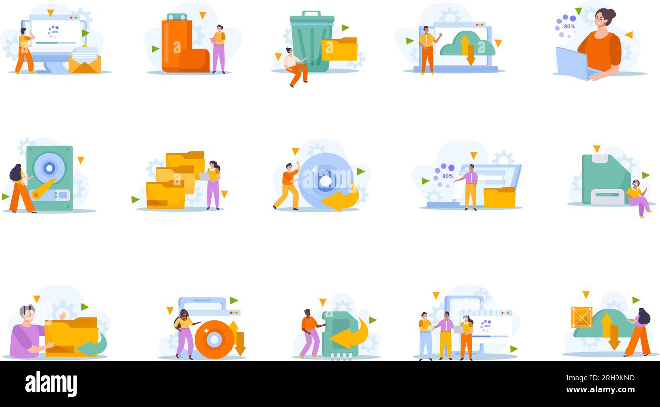 Backup data recovery set with computer symbols and human characters ...