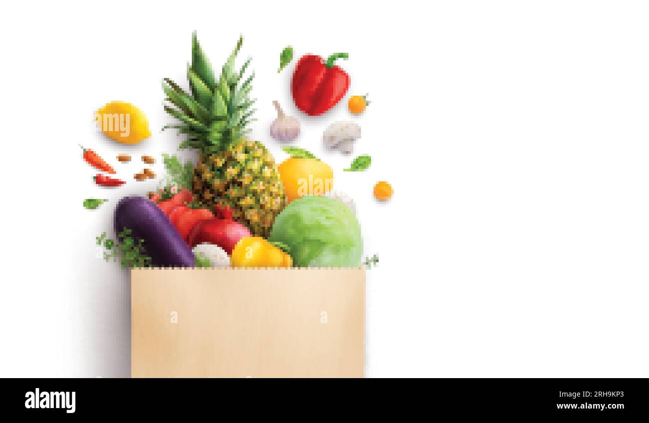 Paper bag vegetables realistic composition with front view of ripe ...