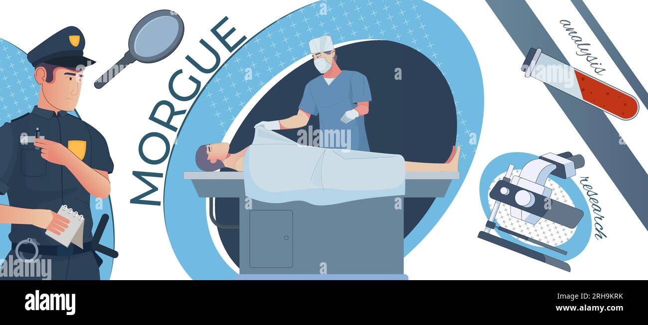 Morgue forensic pathologist composition with collage of flat corpse ...