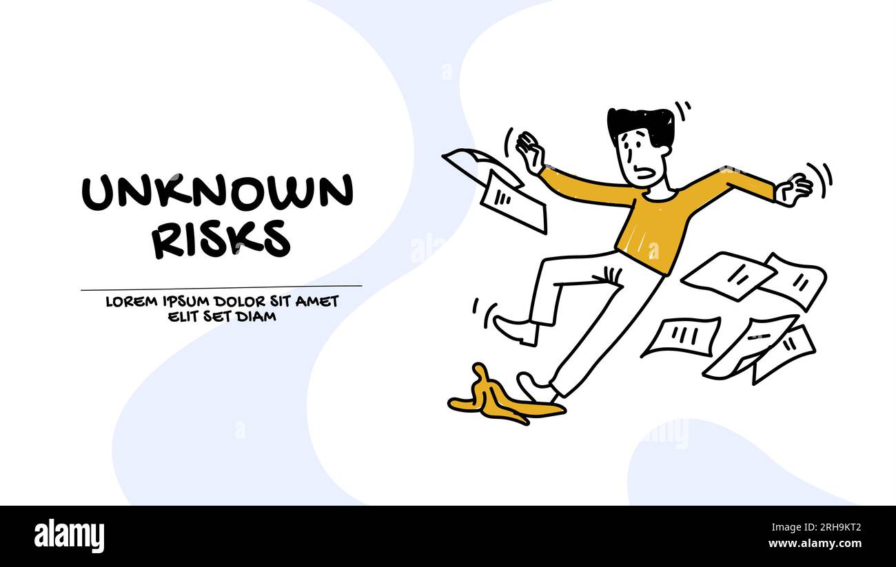 vector of a man with documents slipping on a banana skin. Unknown risks ...