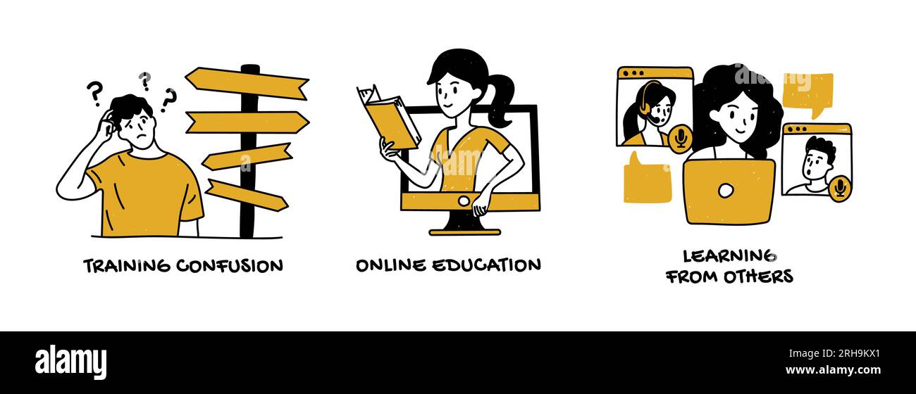 Online education vector set. Vector of young people learning online ...