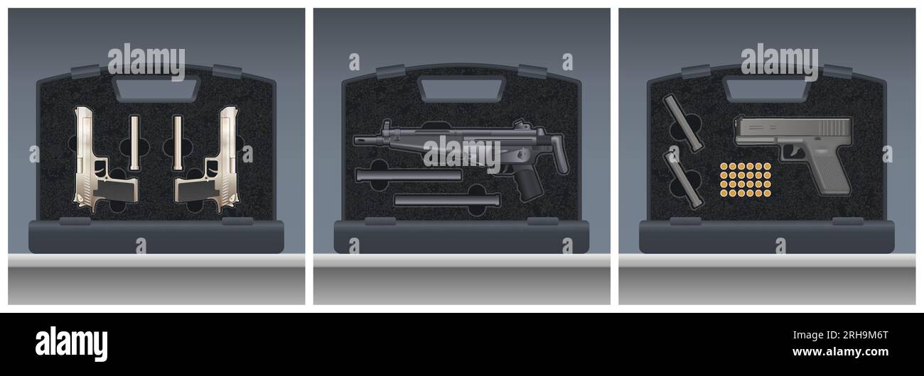 Weapon war realistic set of three square compositions with views of ...