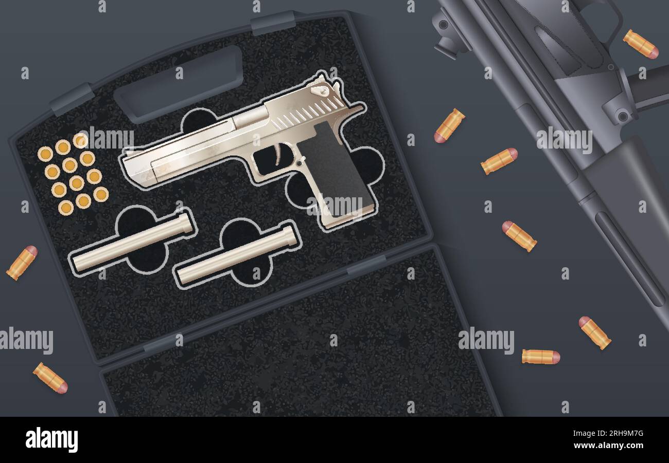 Weapon war realistic composition with close view of pistol and ammo in ...