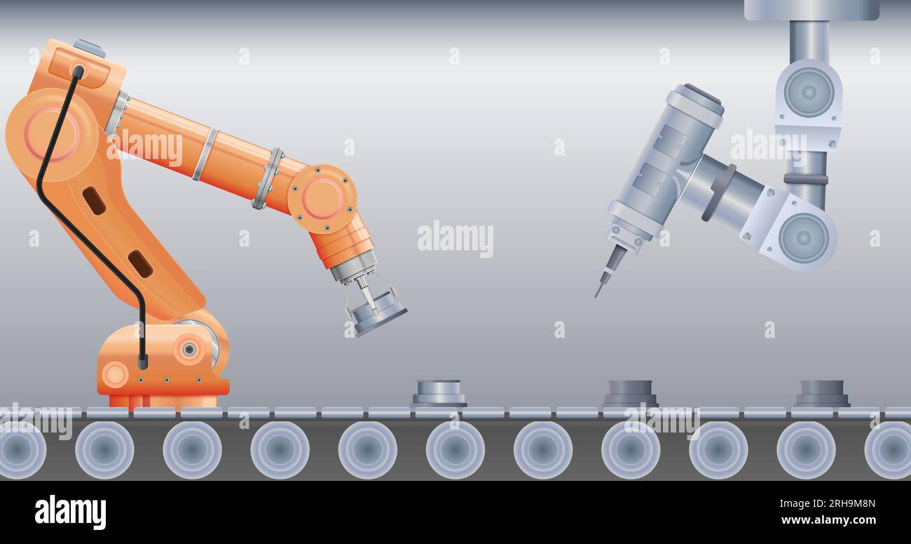 Robot manipulator arm realistic composition with view of robotic arms on moving assembly line ...