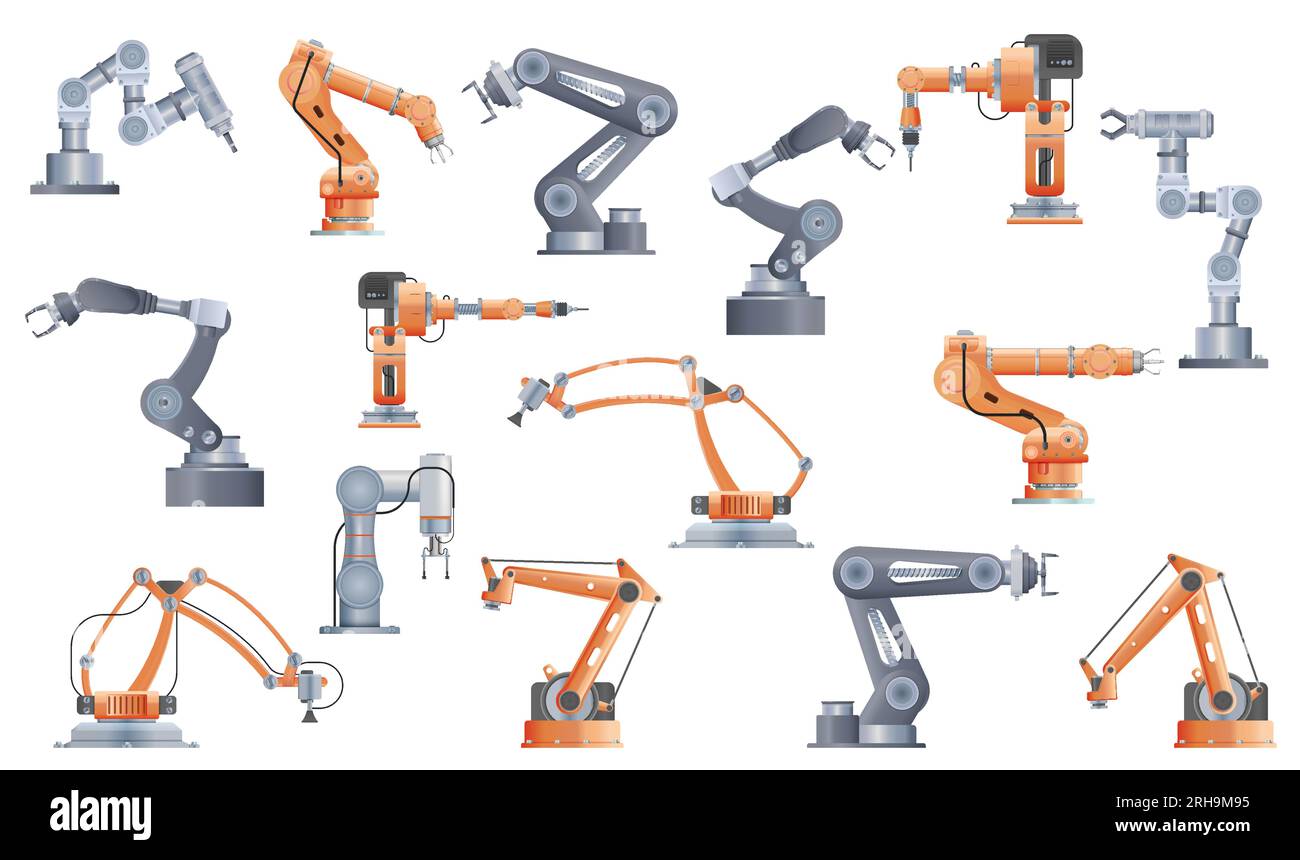 Robot manipulator arm set of isolated icons and realistic images of various models of industrial ...