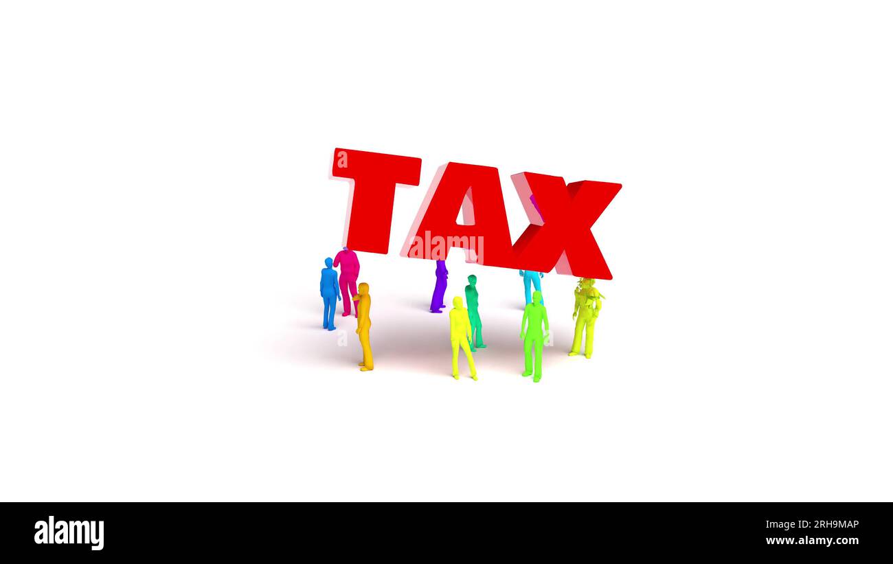 The inscriptions TAXES fall on a group of people. 3d render Stock Photo ...