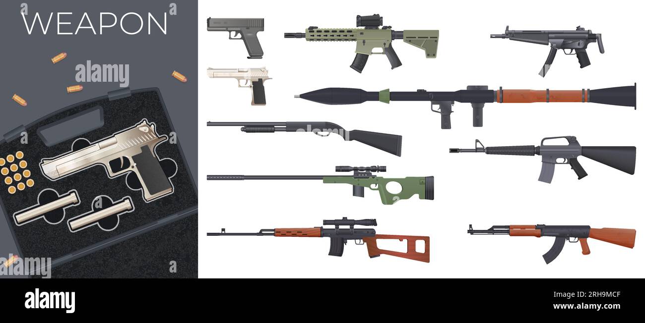 Weapon war realistic composition with pistol kit and set of isolated ...