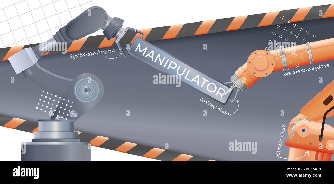 Robot manipulator arm composition with collage of realistic icons images of industrial robotic ...