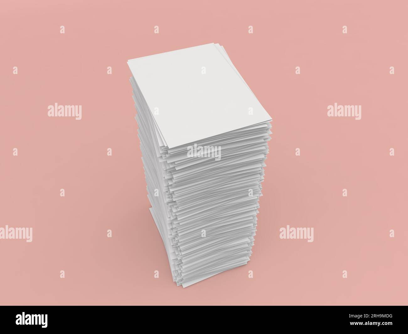 A large stack of A4 paper on a pink background. 3d render illustration ...