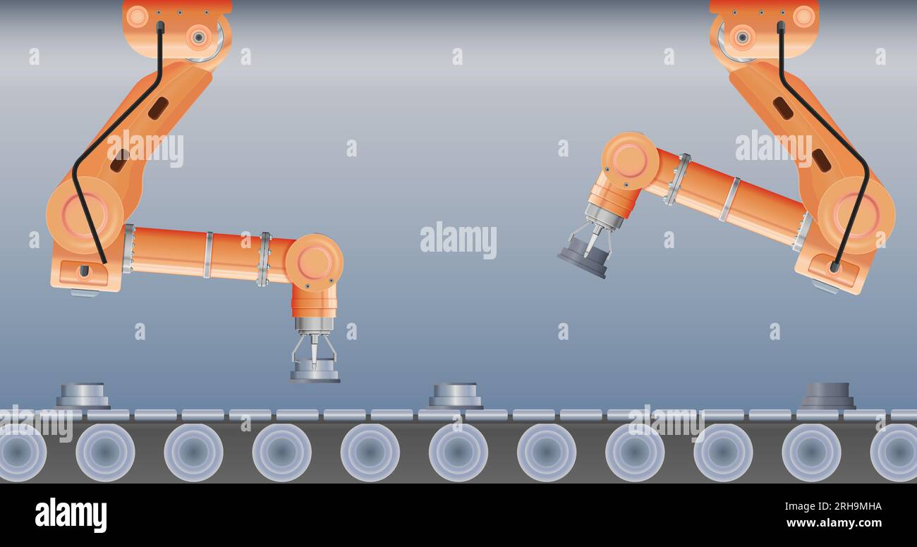 Robot manipulator arm realistic composition with front view of moving ...