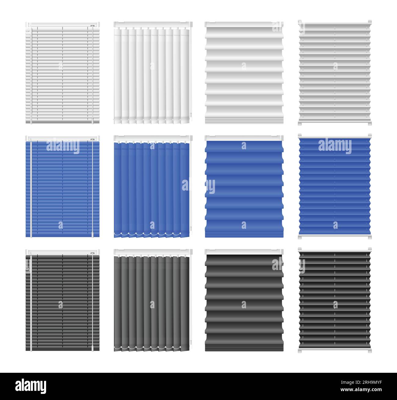 Realistic window blinds set with isolated white blue and black drawn ...