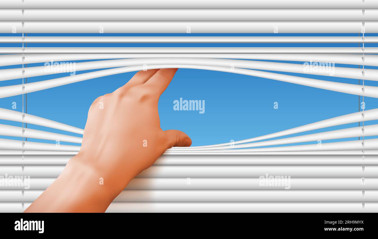 Realistic window blinds composition with view of human hand spreading ...