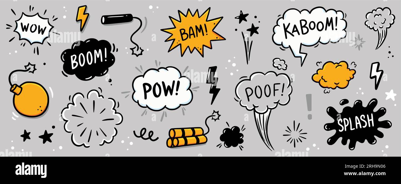 Comic bomb boom vector element. Hand drawn cartoon explosion bomb ...