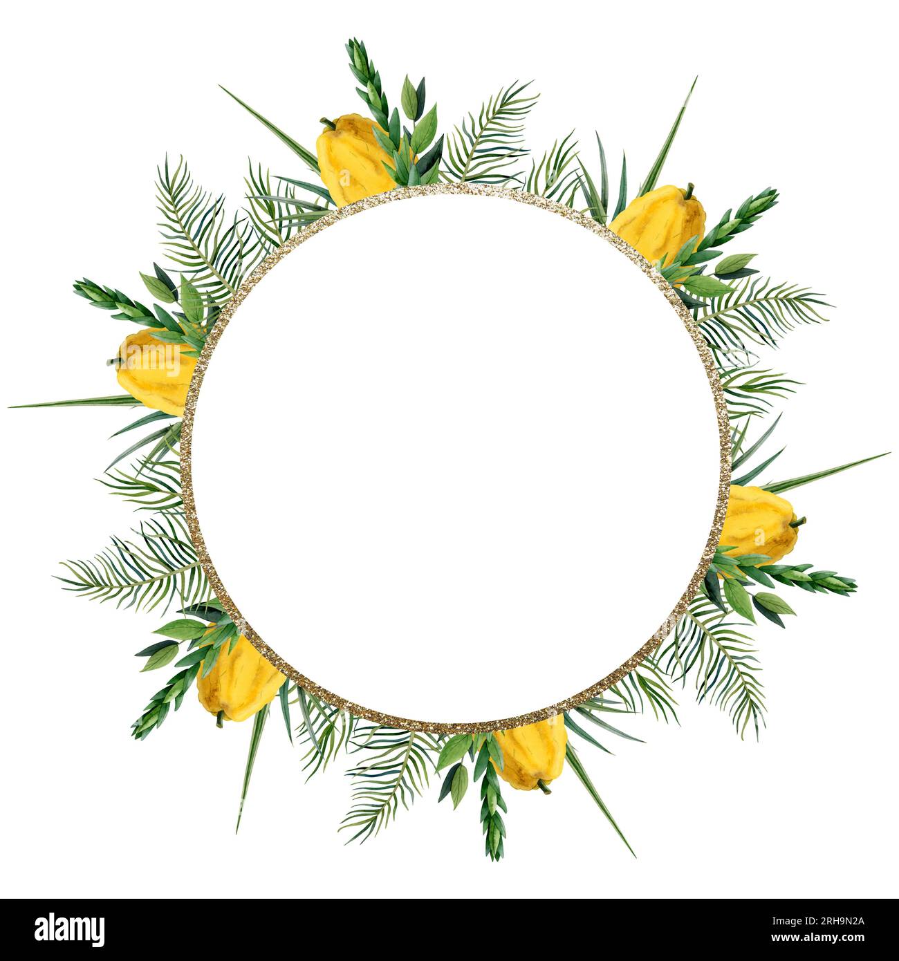 Elegant Sukkot traditional plants round frame floral watercolor ...
